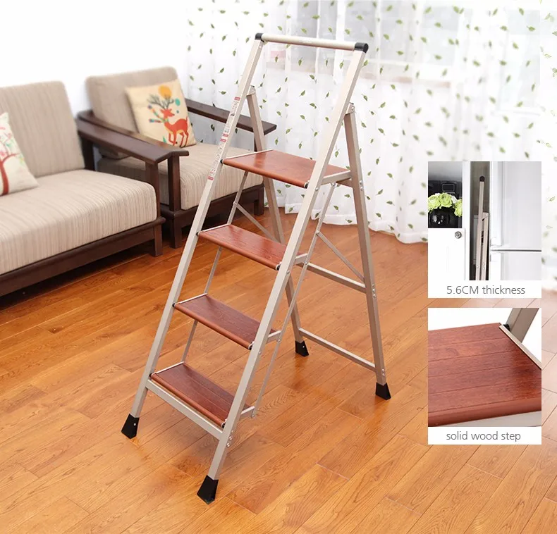 Solid Wood Grain Step Aluminum 4 Steps Ladder,Foldable Stable Ladder ...