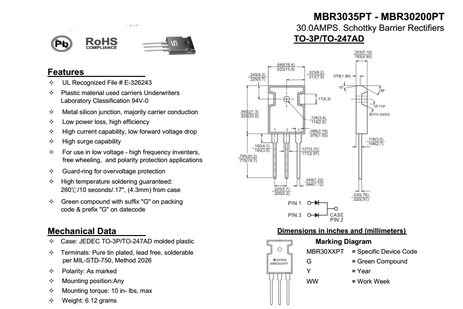 30A Schottky Barrier Rectifier Diode MBR30200PT 200V