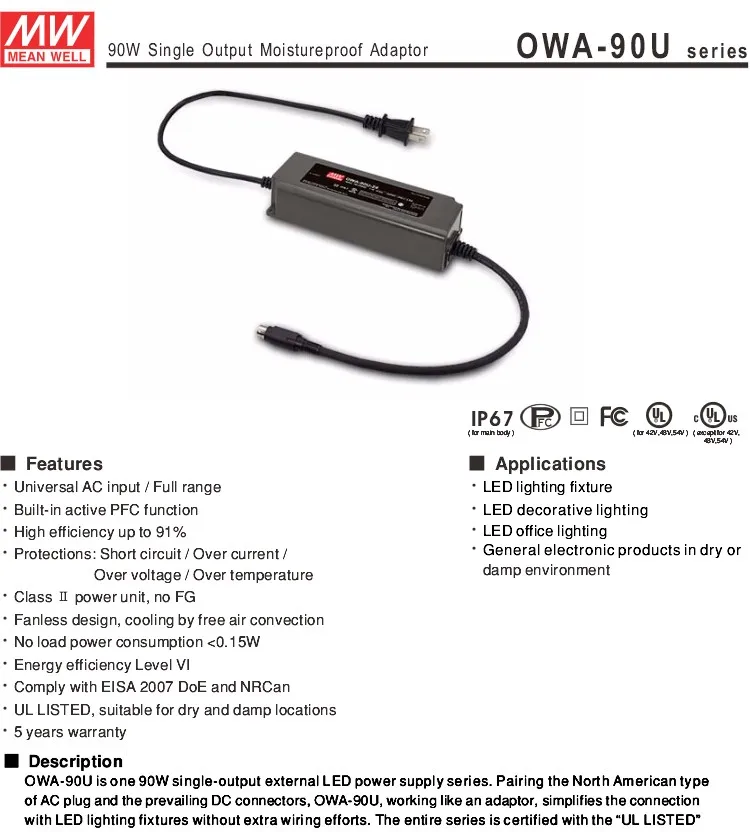 Mean Well 90W Moistureproof 90w 20v Adaptor OWA-90U-20 90w 20V Led ...