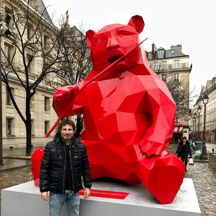 Custom Modern Geometric Resin Statue - Red Bear Sculpture