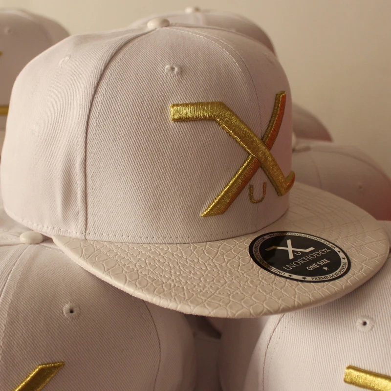 Acrylic Leather Brim Snapback Cap With Gold Metallic Thread Embroidery ...