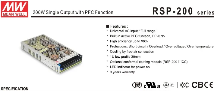 Switching Power Supply 200w 24v With Pfc Function Rsp-200-24 Mean Well ...