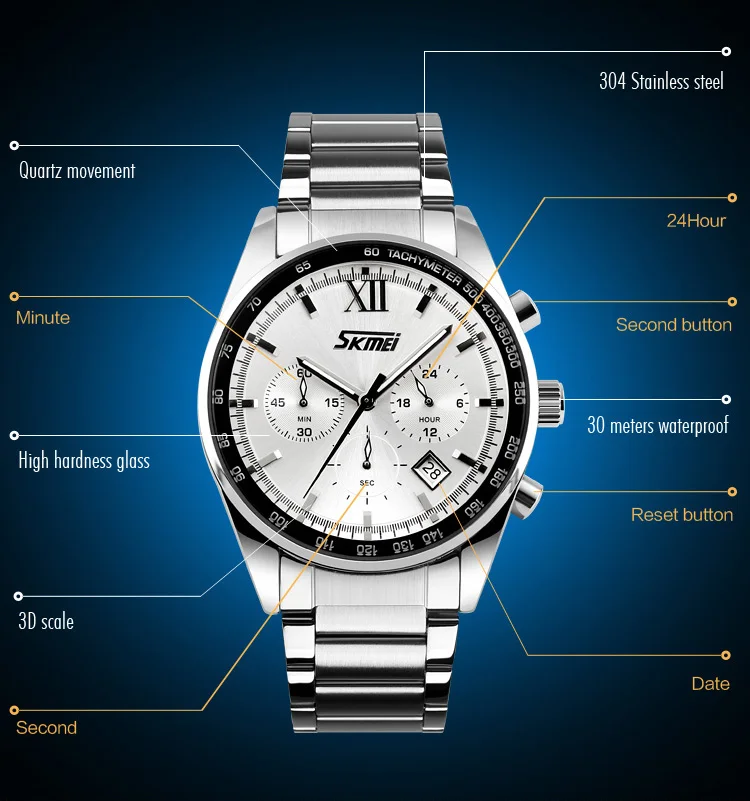 Skmei 9096 Men's Fashion Japan Movt Quartz Watch Stainless Steel Back ...
