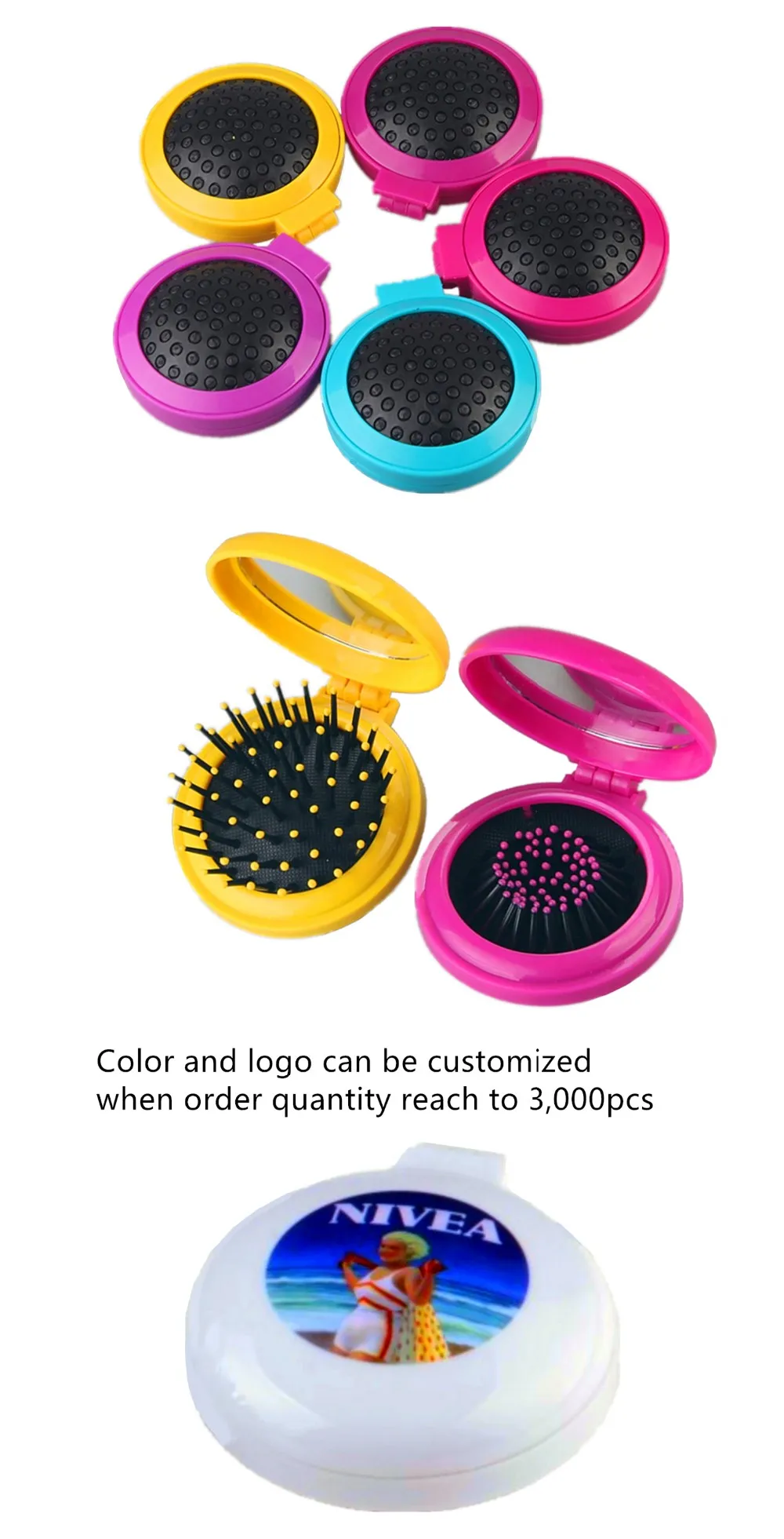 Hot Sale Folding Makeup Mirror Comb Travel Portable Round Plastic Hair ...