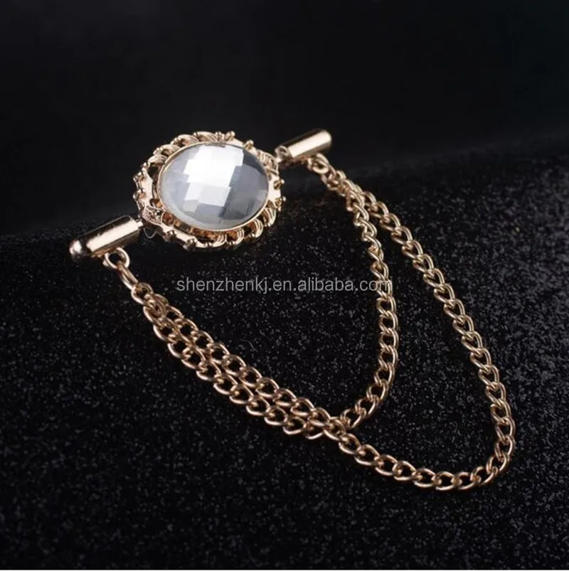 Fashion Crystal Gem Men Brooch With Tassel Chain Shirt Tassels Men Suit ...