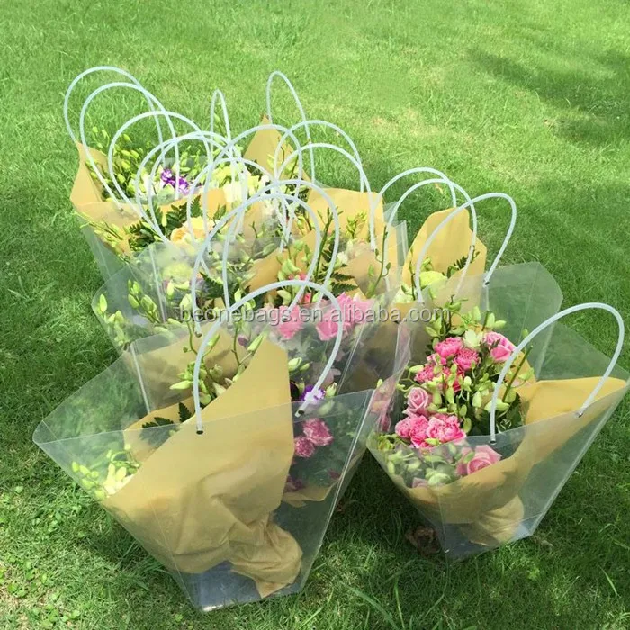 Clear Vinyl Plastic Flower Packaging Bag With Handle - Buy Plastic ...