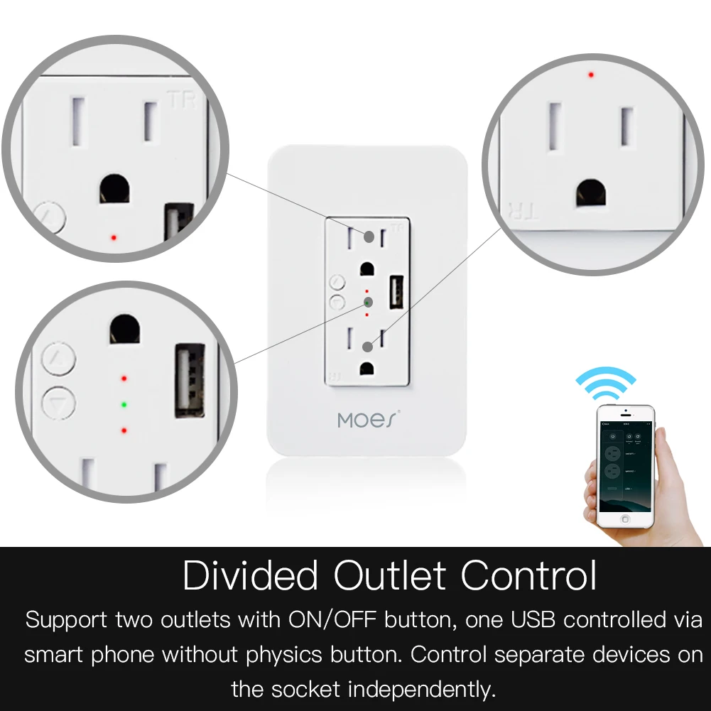 15a US Type Double Plug Wifi Smart Wall Socket with USB Port