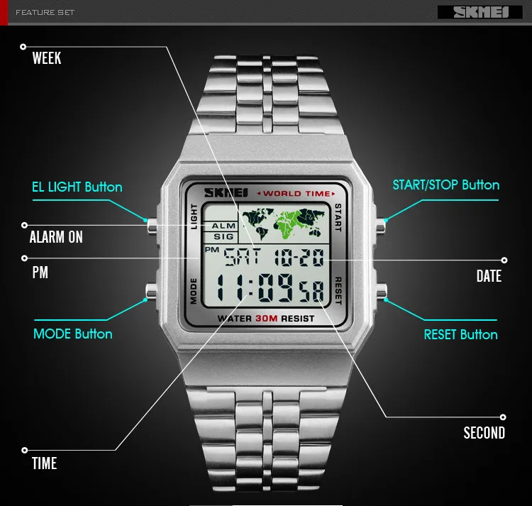 Skmei 1338 World Time Digital Men's Watches Fashion Led Digital Steel ...