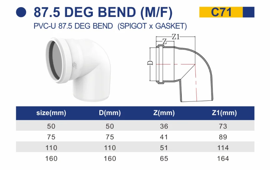 PVC Pipe Fittings Elbow 87.5 DEG BEND M/F - Durable & Versatile