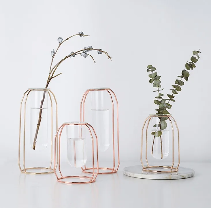 High Quality Metal Frame Wrought Iron Flower Glass Vase For Home Decor ...