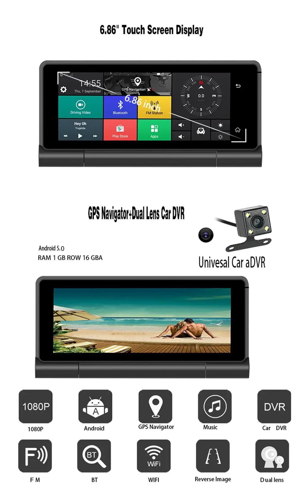 Car Dvr Camera 3g Supported Plus Android 5.0 Gps Bluetooth Dash Cam ...