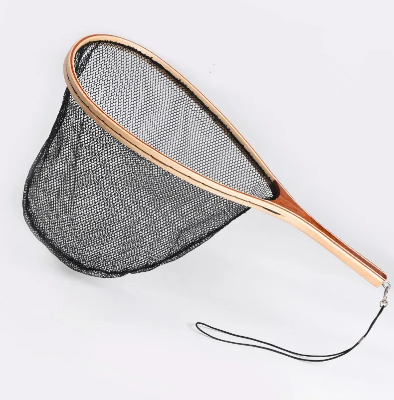 Fly Fishing Net Mesh Wooden Handle Nylon Landing Net