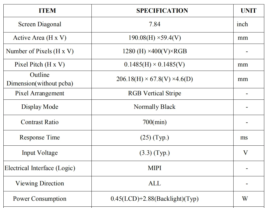 Confu Lvds To Mipi Dsi Board 7.84 Inches 1280x400 Stretch Lcd 206.18(h ...