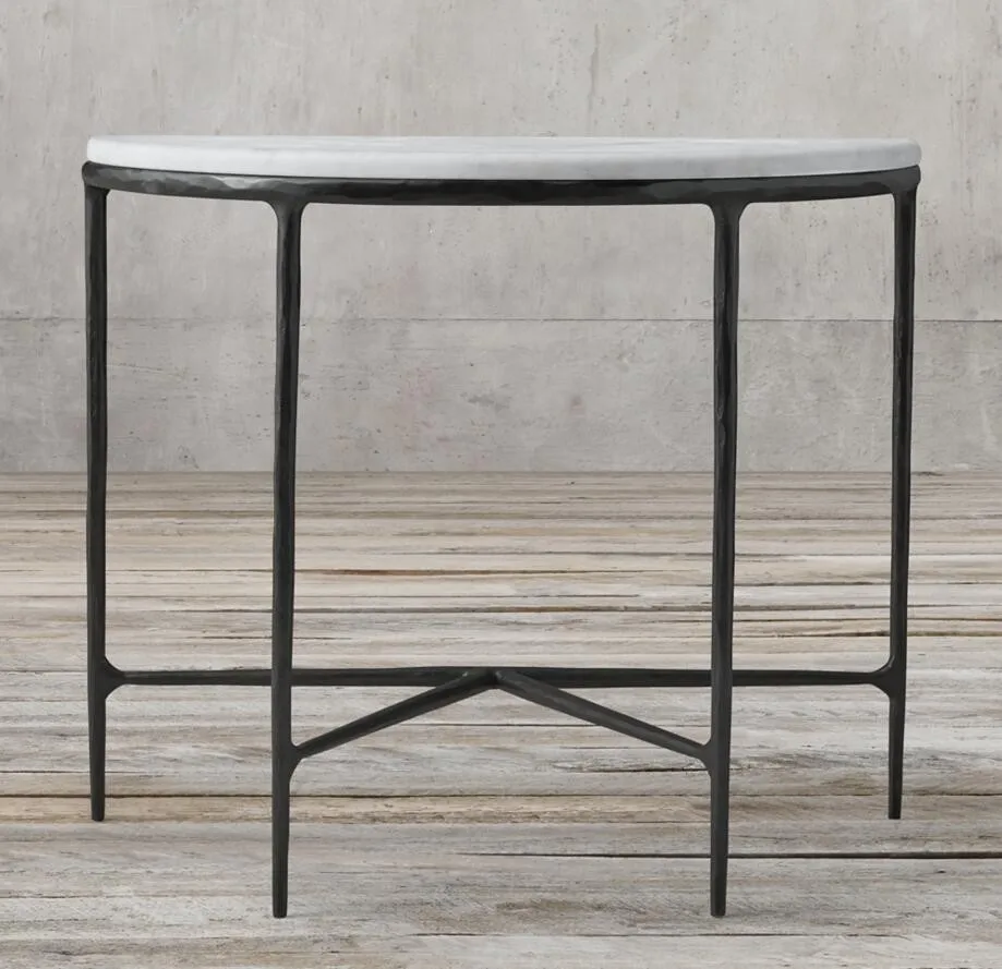 MRS WOODS Half moon forged black iron console table with marble top ...