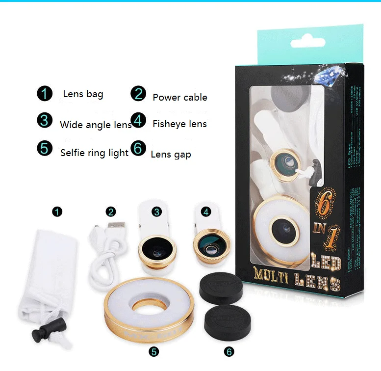 6 In 1 Multi Led Lens Clip-on Flash Light Fisheye Macro Wide Angle ...