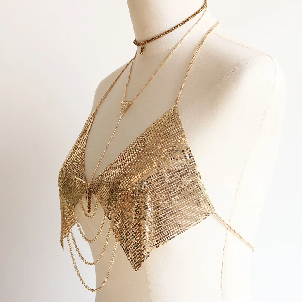 Handmade Unisex Mesh Body Chain Bra with Rhinestone Jewelry
