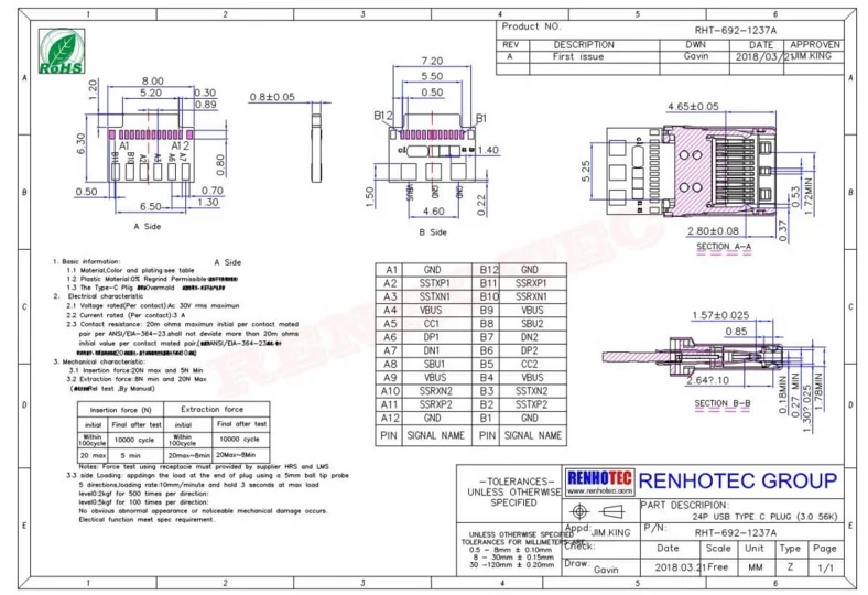 Custom Plug USB Type C Connector - 24pin 3A PCB Socket