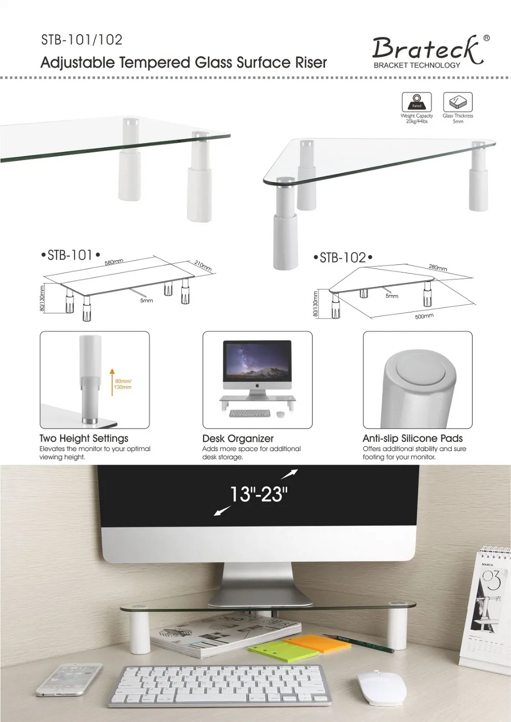 Brateck Monitor Riser - Adjustable, High Quality Aluminum