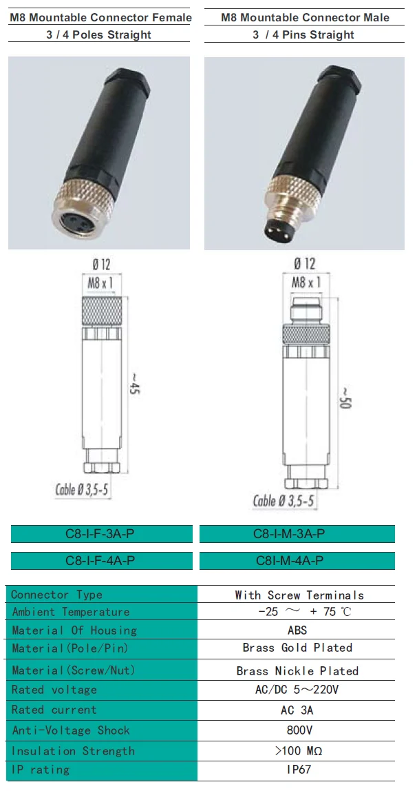 Ibest M8 3 Pin 4 Pin Female Male Straight Ip67 Waterproof Mountable ...