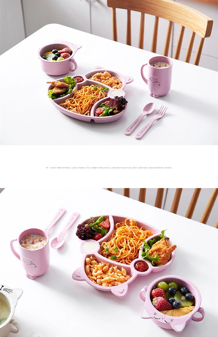 Cartoon Cat Shape Dinner Set Kids Plate Wheat Straw Baby Plate Set ...