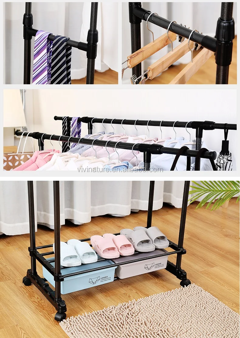 Black Double Rod Height Adjustable Telescopic Cloth Racks With 2 Tier ...