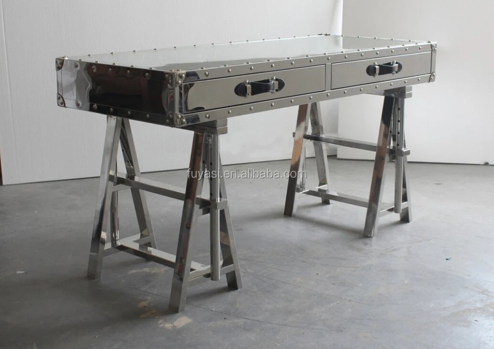 Shiny Stainless Steel Adjustable Height With Glass Top Office Desk ...