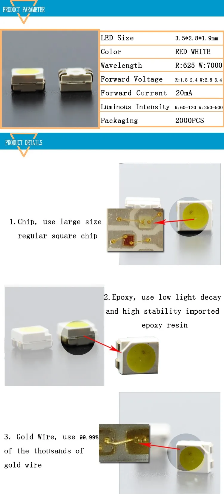 Double SMD LED Red White Epistar Chip 3528 Bi-Color Color