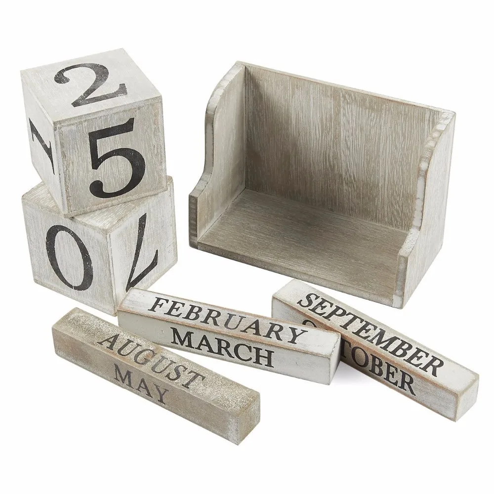 Vintage Rustic Wooden Perpetual Desktop Cubes Block Calendar