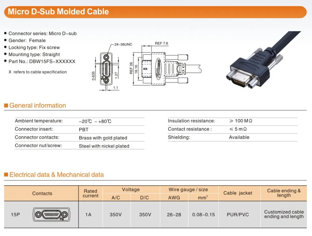 Industrial I/o Micro D Sub Female Molded Cable D Sub 15p Connector ...