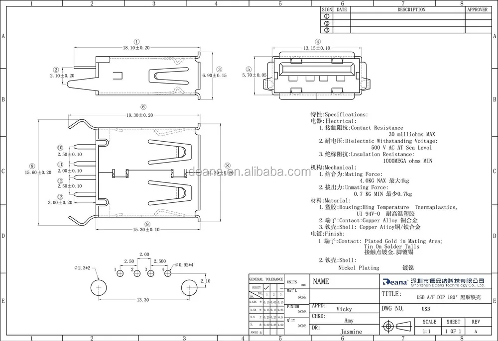 4p Usb Connector / Usb Af 180 Degree Dip With Bend Foot Type - Buy Usb ...