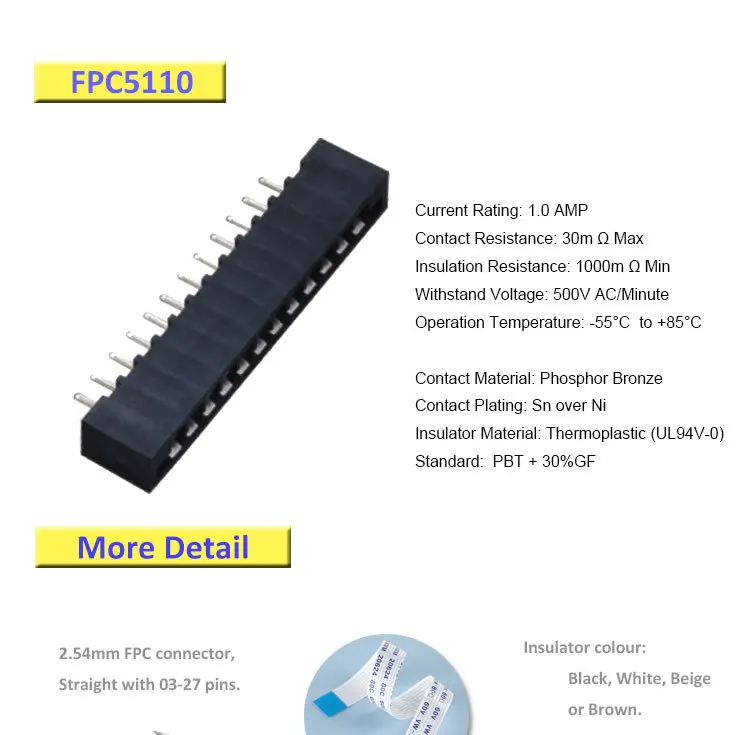 Top Contact 2.54mm Pitch Straight Pin Ffc Fpc Connector Black White ...
