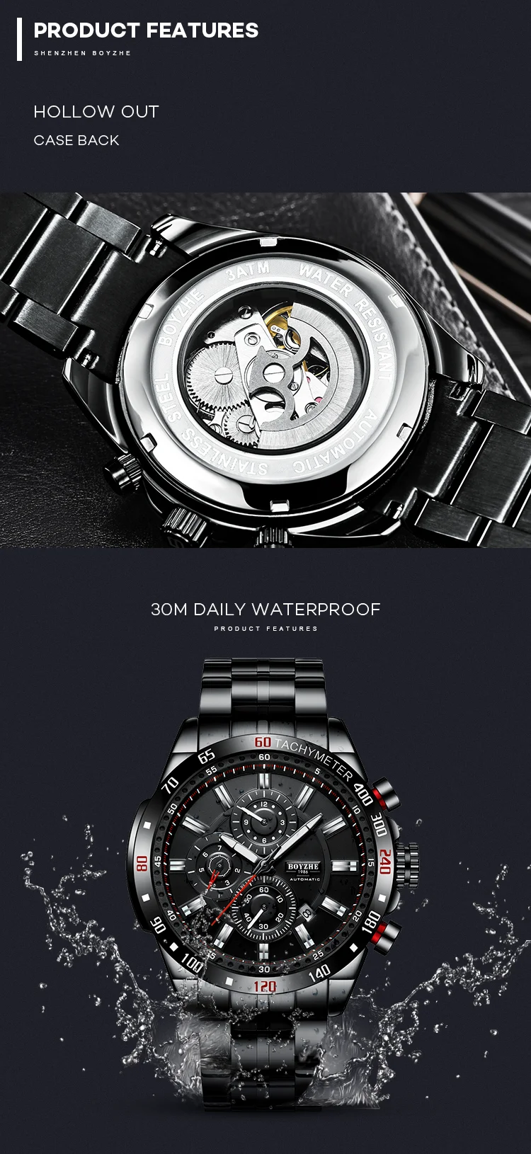 Boyzhe Luxury Brand Black Tourbillon Automatic Mechanical Movement ...