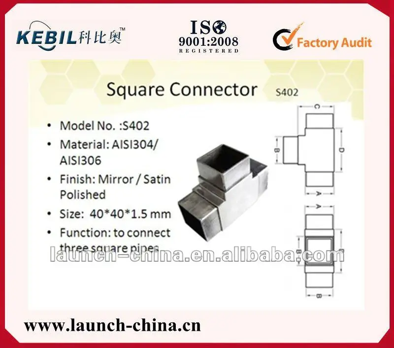 Stainless Steel 2 Way Square Tube Connector 20mm