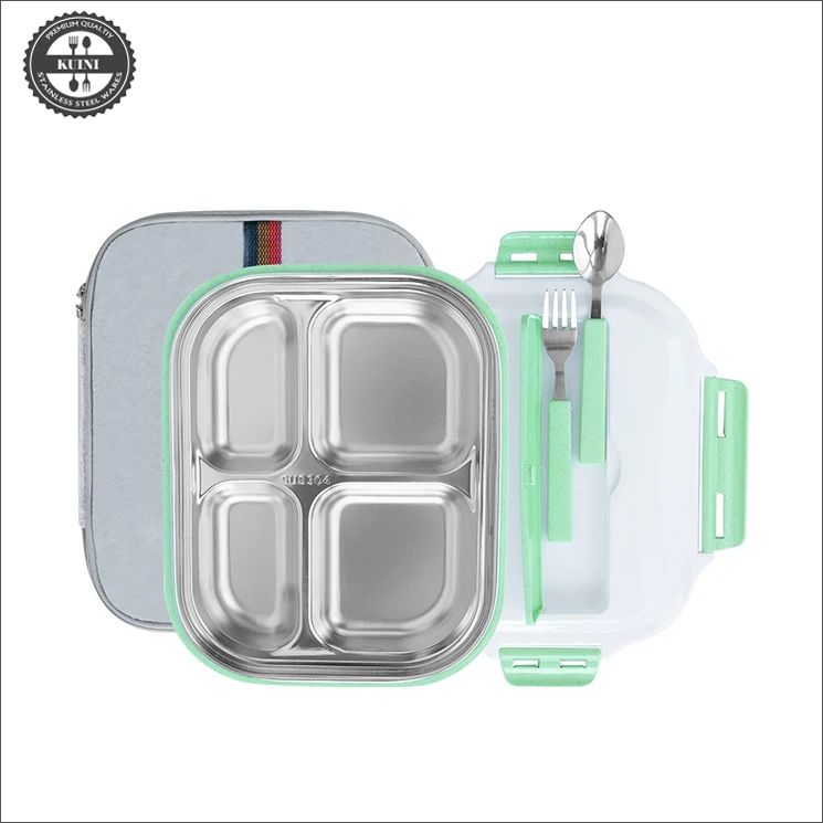 Stainless Steel 4 Compartment Lunch Box Set With Insulated Bag And ...