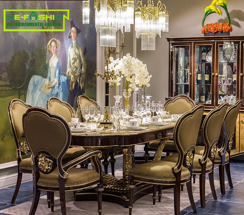 Luxury Italian Style Solid Wood Carving Dining Table Set