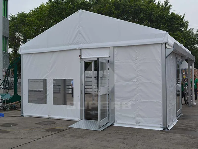 6x12 Temporary Office Tent with PVC Rain Gutters & Glass Door