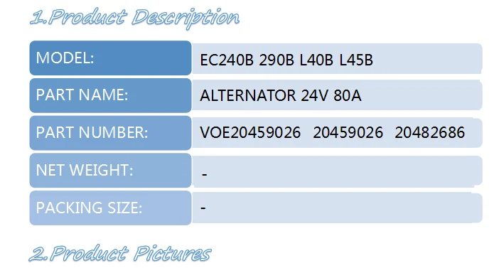 Ec240b 290b L40b L45b Alternator 24v 80a For Voe20459026 20459026 ...