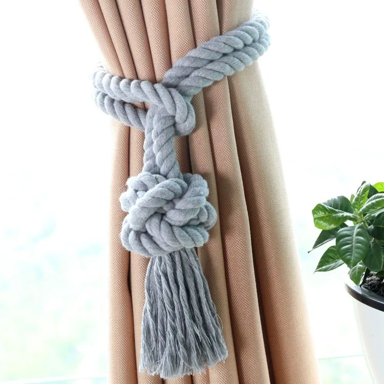 Handmade Knitted Rustic Cotton Gray Ball Rope Curtain Buckle Curtain ...