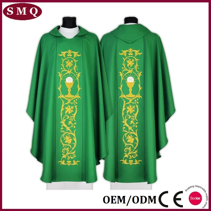 Green Church Priest Chasuble Men Embroidered Cassock Robe