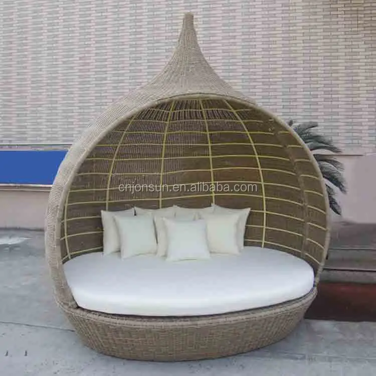 Rattan Round Outdoor Wicker Lounge Bed With Canopy Double Wide Chaise ...