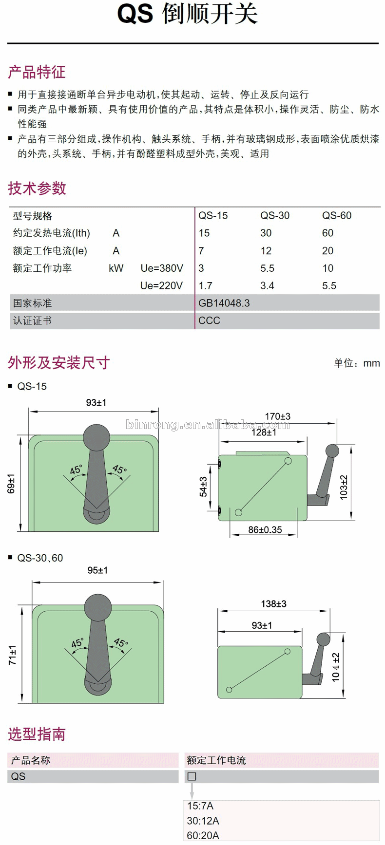 QS-60 Model AC 380V 60A Forward Reverse Drum Switch for Industrial ...