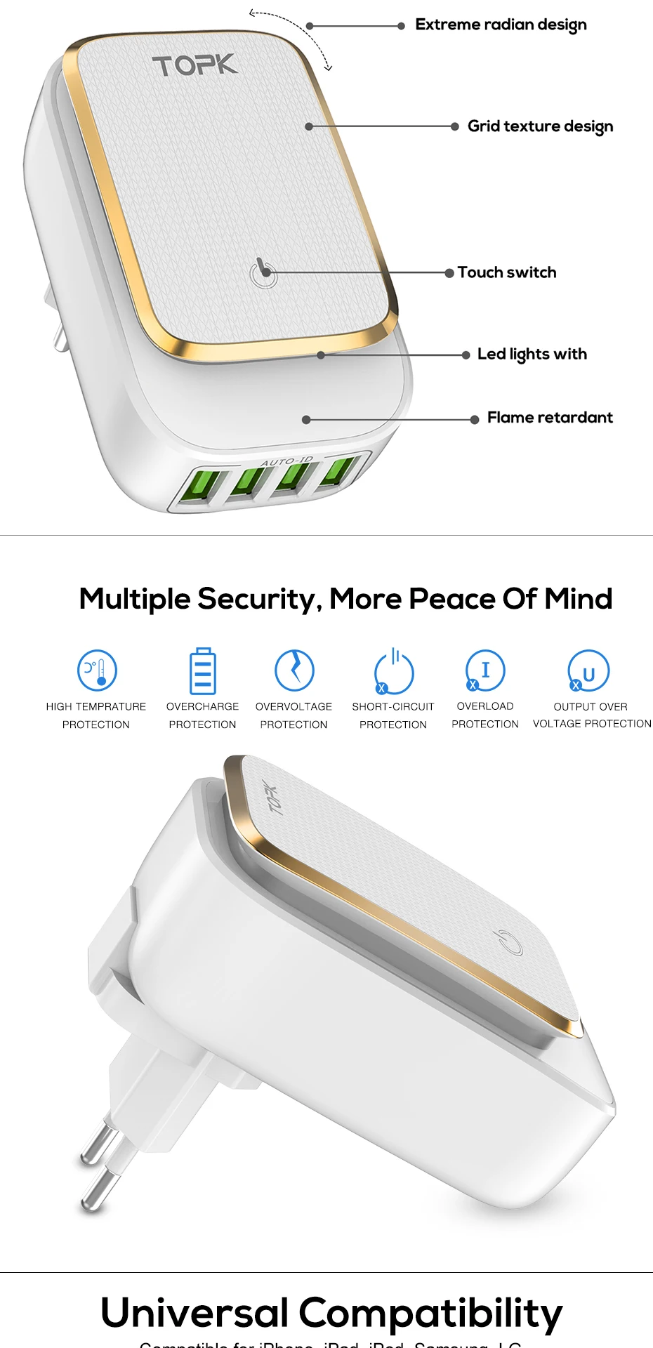 Topk B413 4-port 22w Adjustable Led Lamp Usb Charger Adapter Auto-id ...