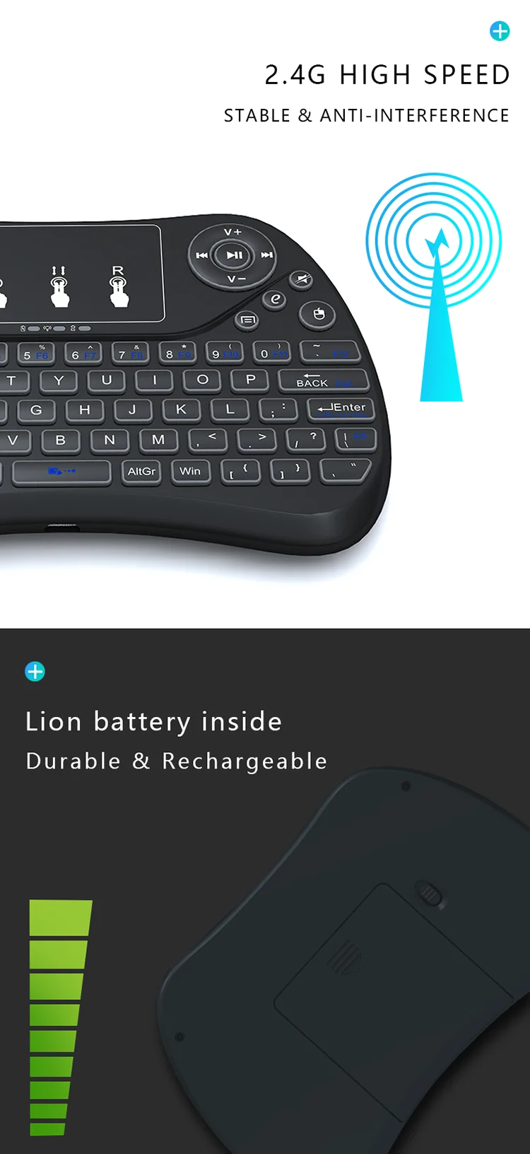 Rechargeable 2.4 Ghz Wireless BT Backlit Air Mouse T2 Mini Keyboard