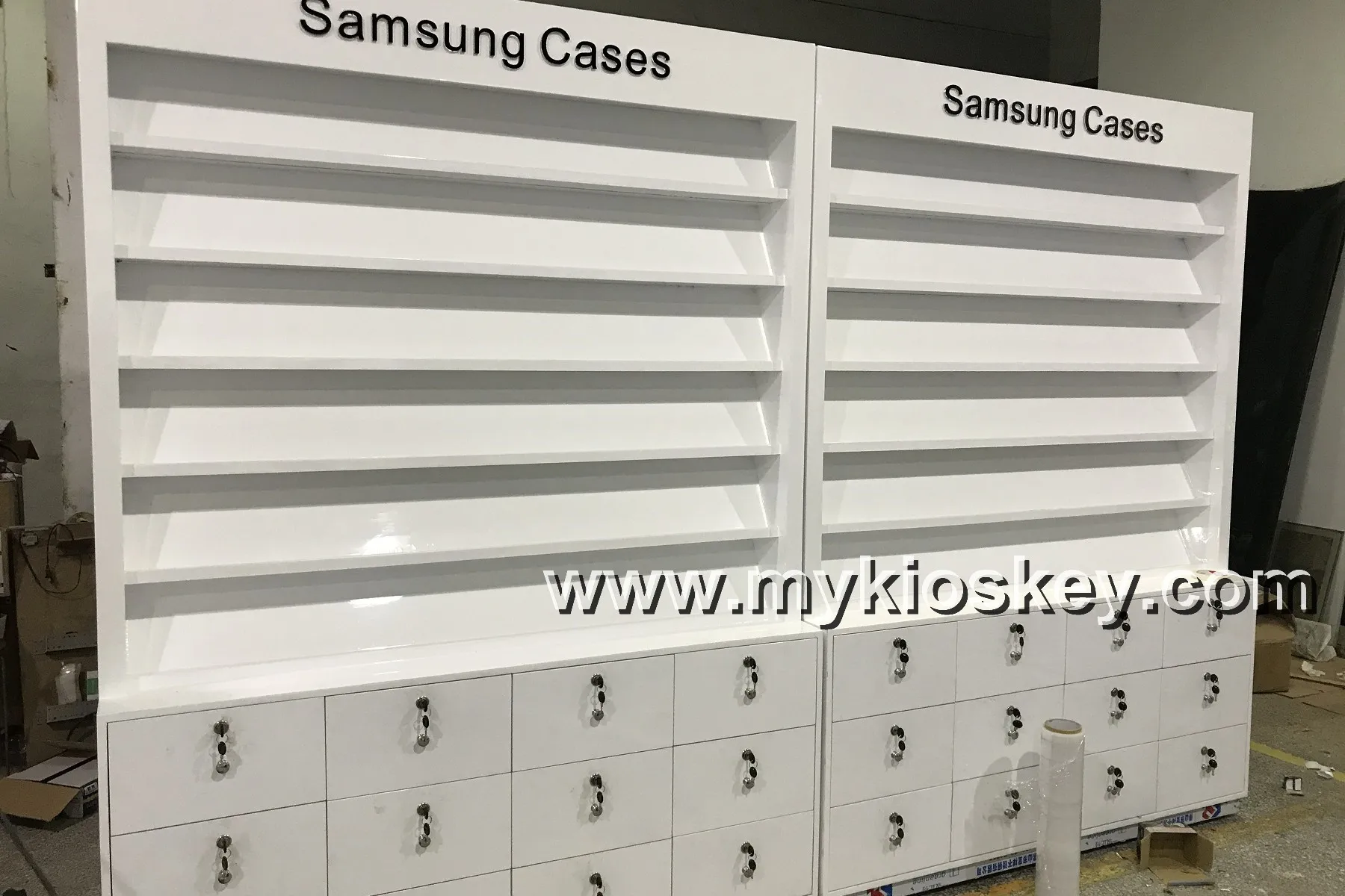 Build wood cell phone accessory display showcase for phone shop