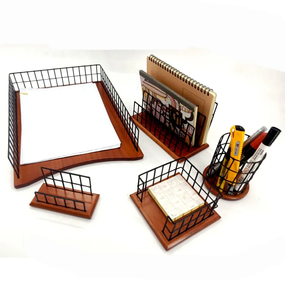 Whosale 5 Piece Black Desktop Table Metal Wire Mesh Wood Base Desk Set ...