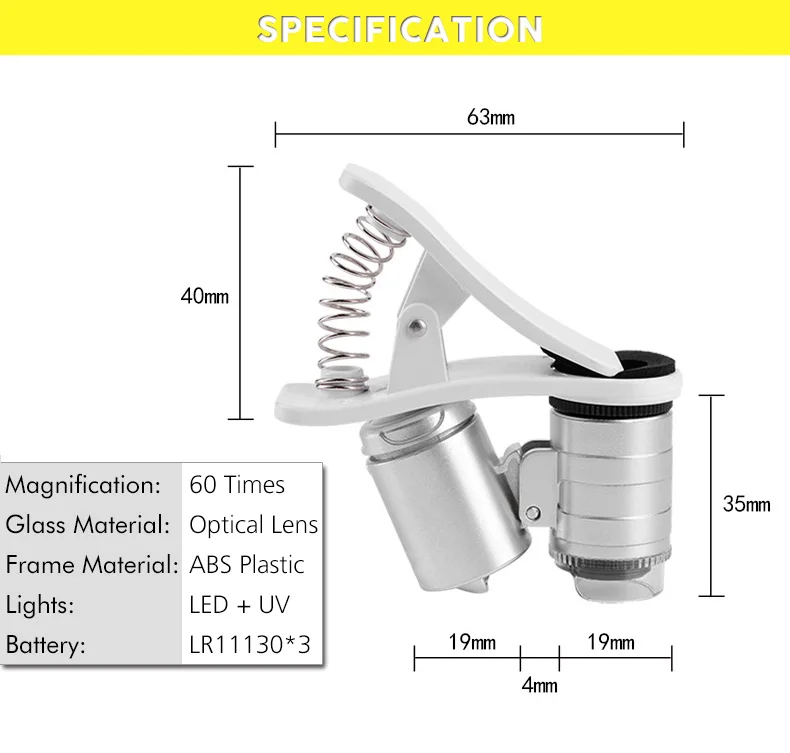 Universal Clip Type LED Cellphone Microscope - 60X Magnification