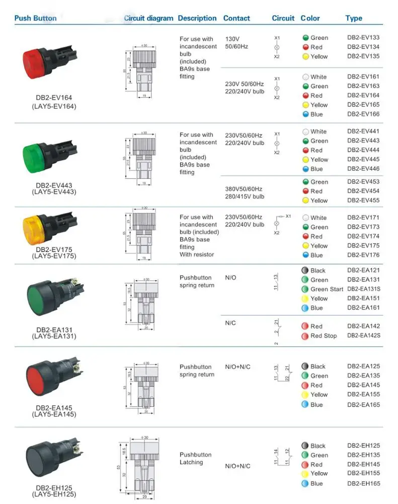 BD2 LAY5 EA131 EA145 EH125 PUSH BUTTON Switch - Spring Return & Latching
