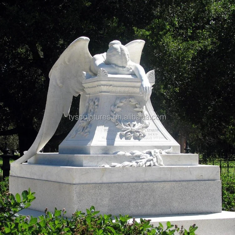 White Marble Cemetery Kneeling Angel Hand Carved Statue