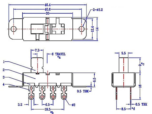 Double Pole Three Throw 3 Position Slide Switch 1A 250VAC
