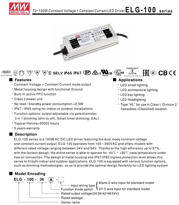 Meanwell 100W LED Driver - Efficient, Waterproof, and Dimmable